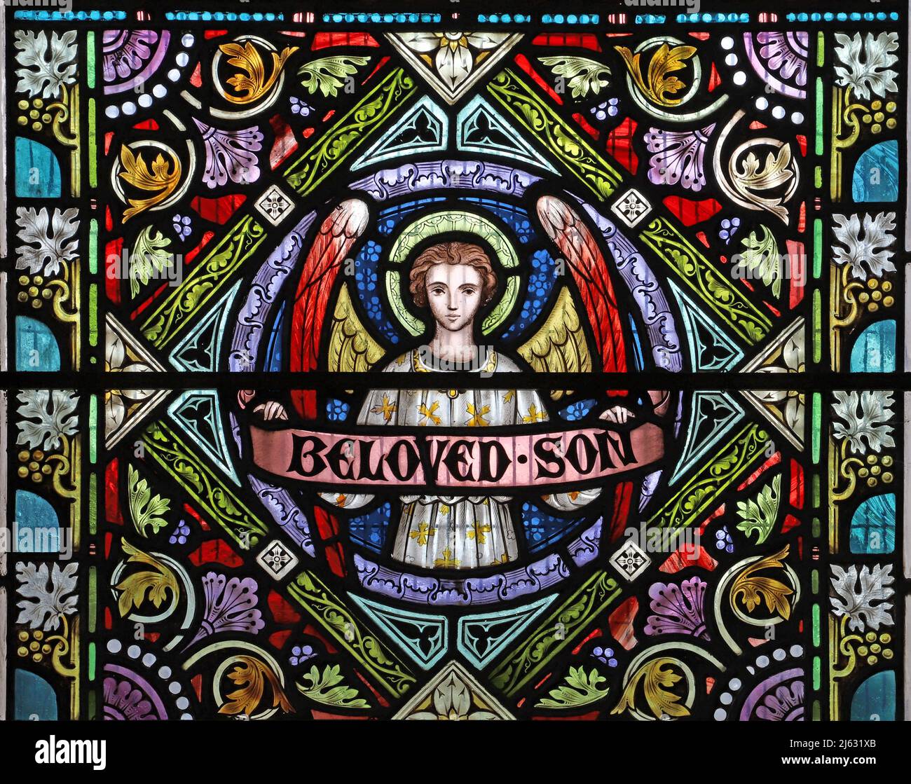 A stained glass window by Frederick Preedy depicting an angel, St Mary ...