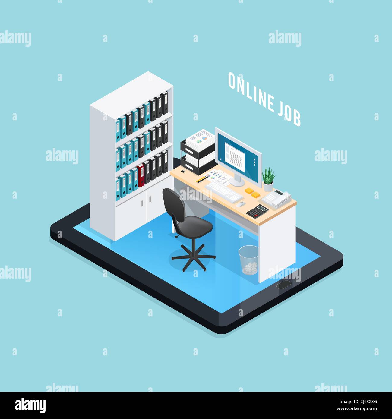 Online job isometric composition with office workplace at mobile device ...
