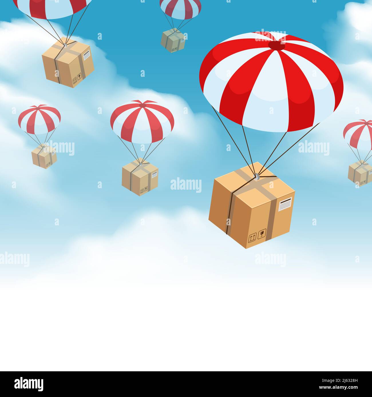 Parachute box delivery background with sky clouds and skydiving parcel ...