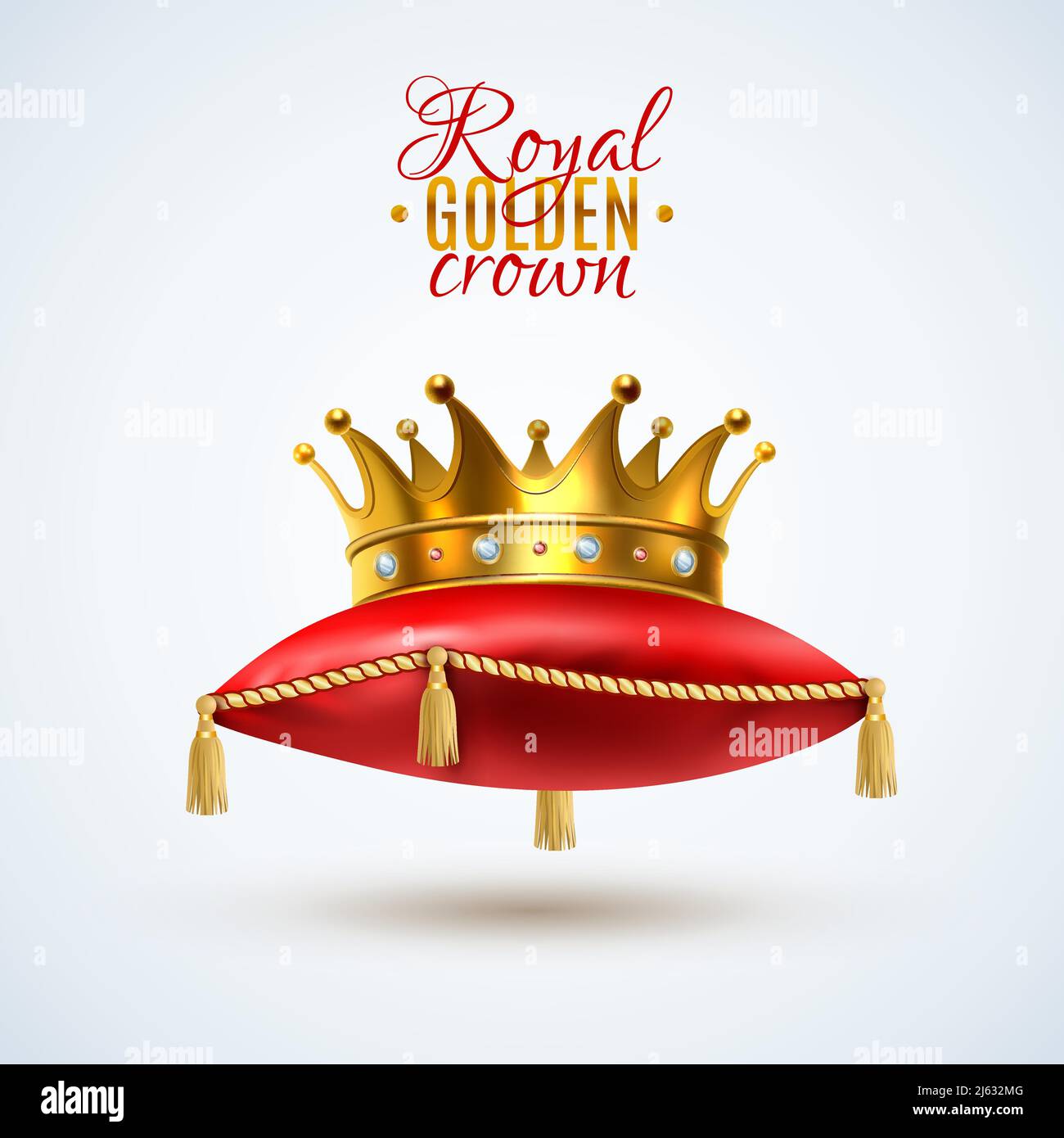 Gold royal crown with gemstones on ceremonial red pillow with tassels ...