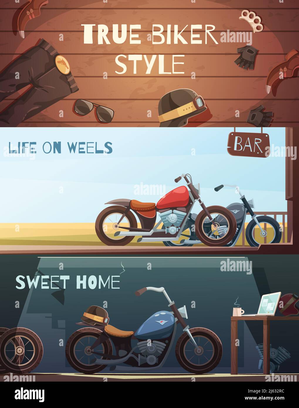 Set of three horizontal rider banners with bikers wear and motorcycle ...