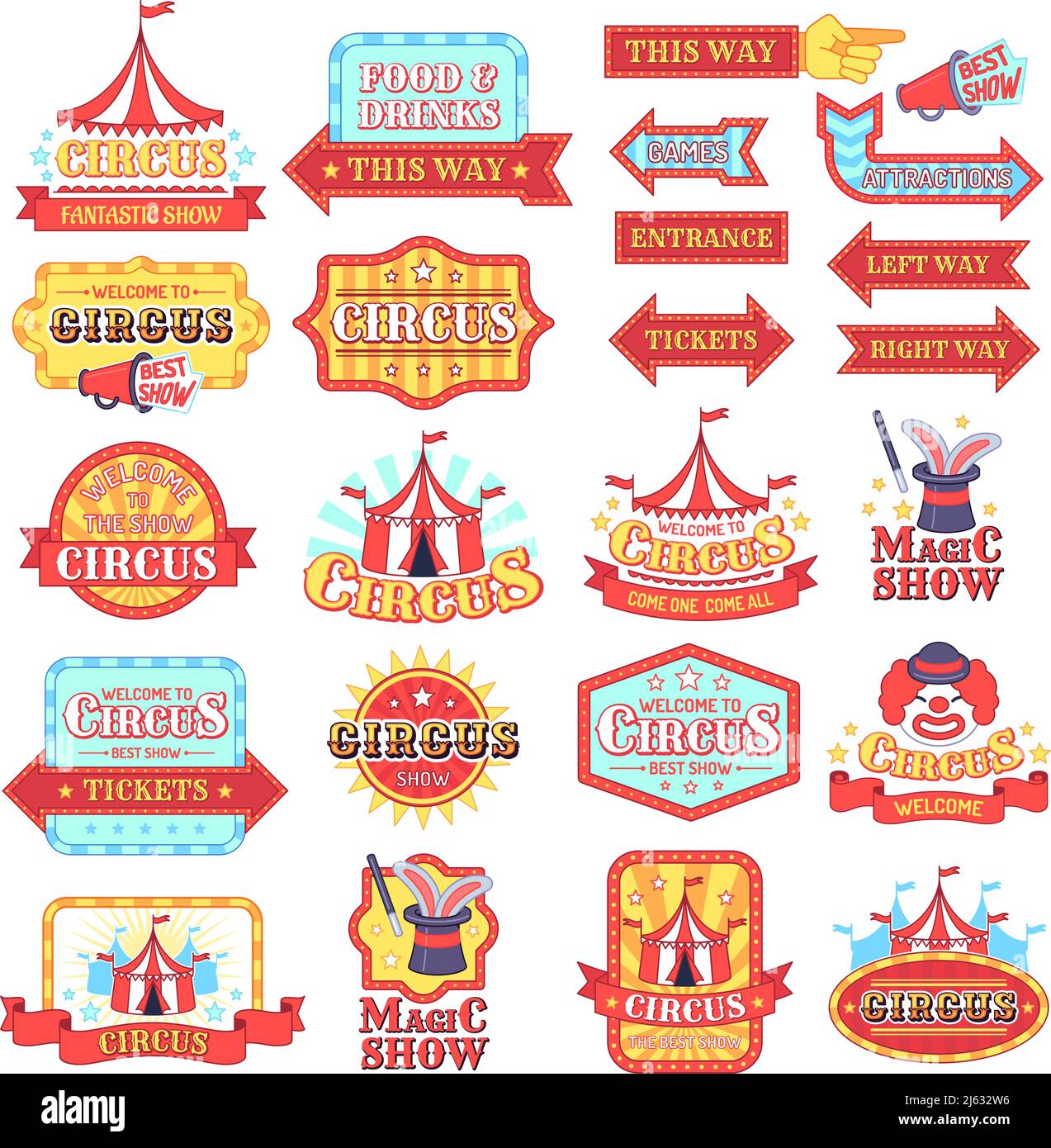 Vintage circus labels, fun entertaiment emblem collection Stock Vector ...