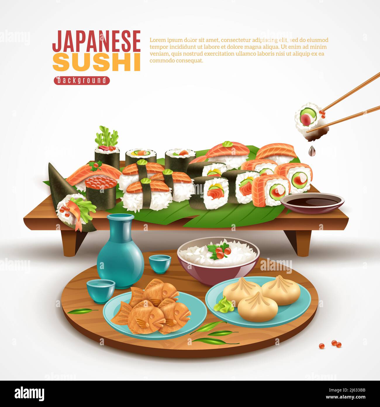 Realistic background with wooden stand full of sushi maki and plate ...