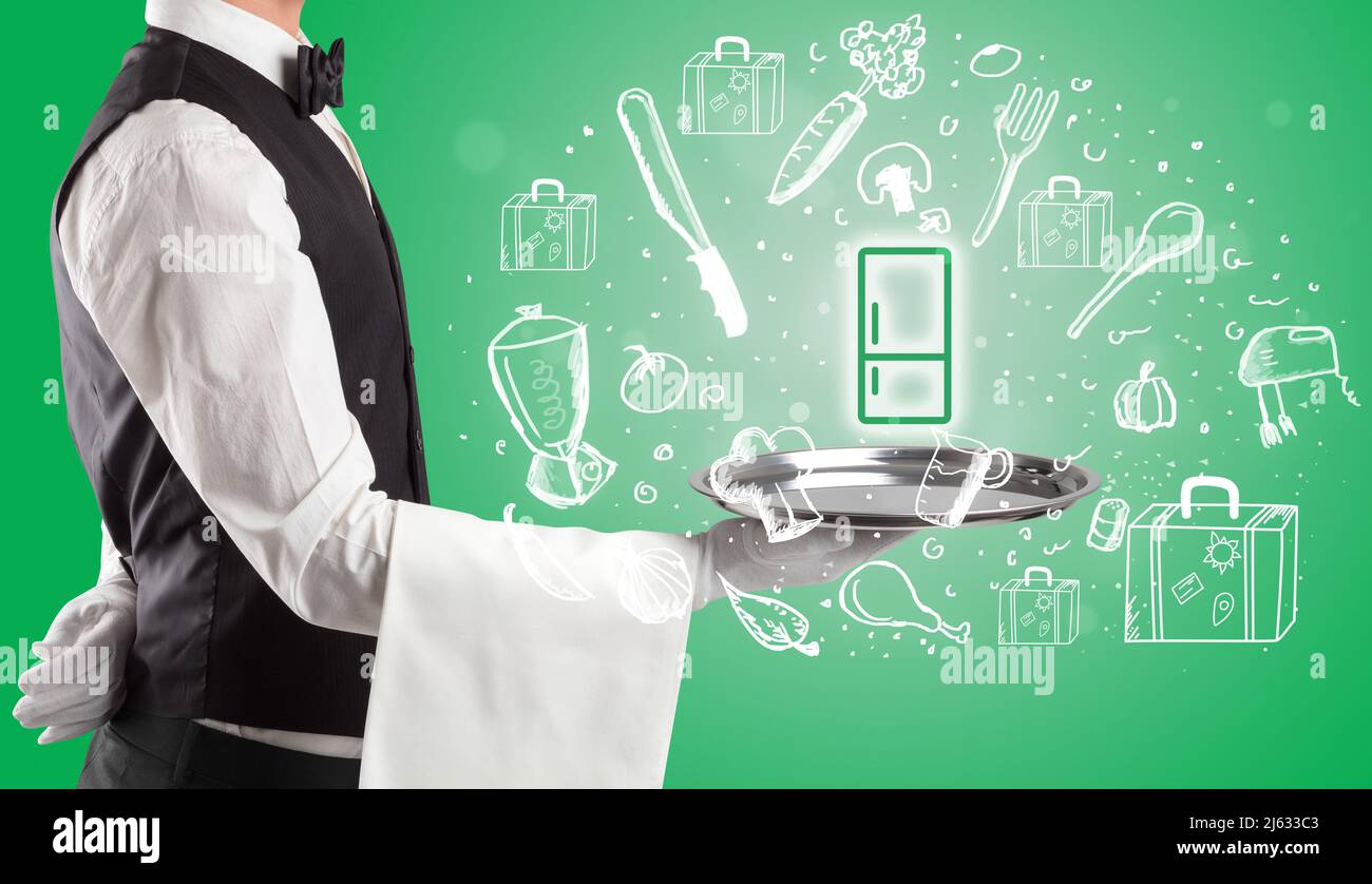 Waiter holding silver tray with food icons above Stock Photo - Alamy