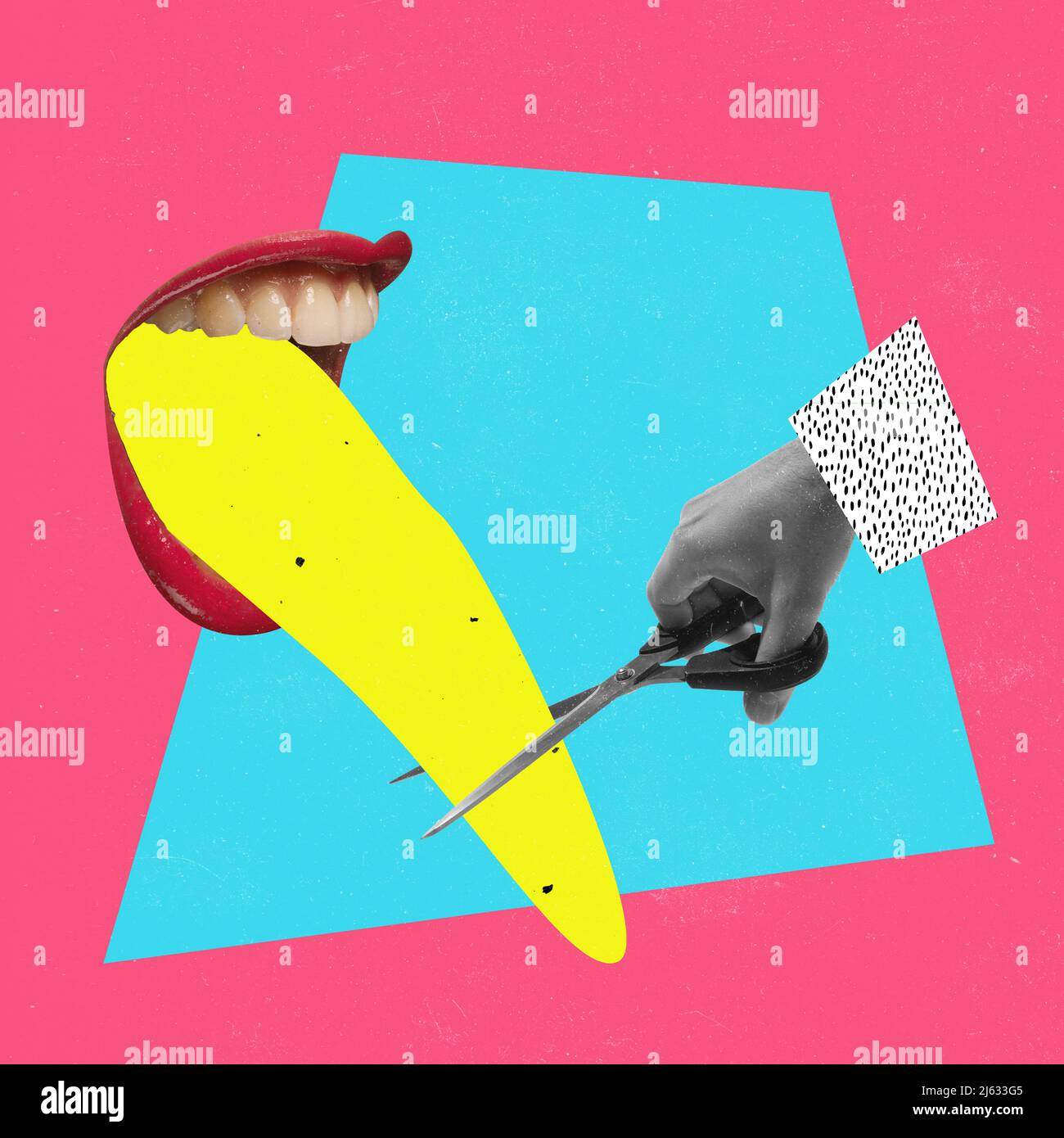Contemporary art collage. Male hand cutting with scissors female tongue ...