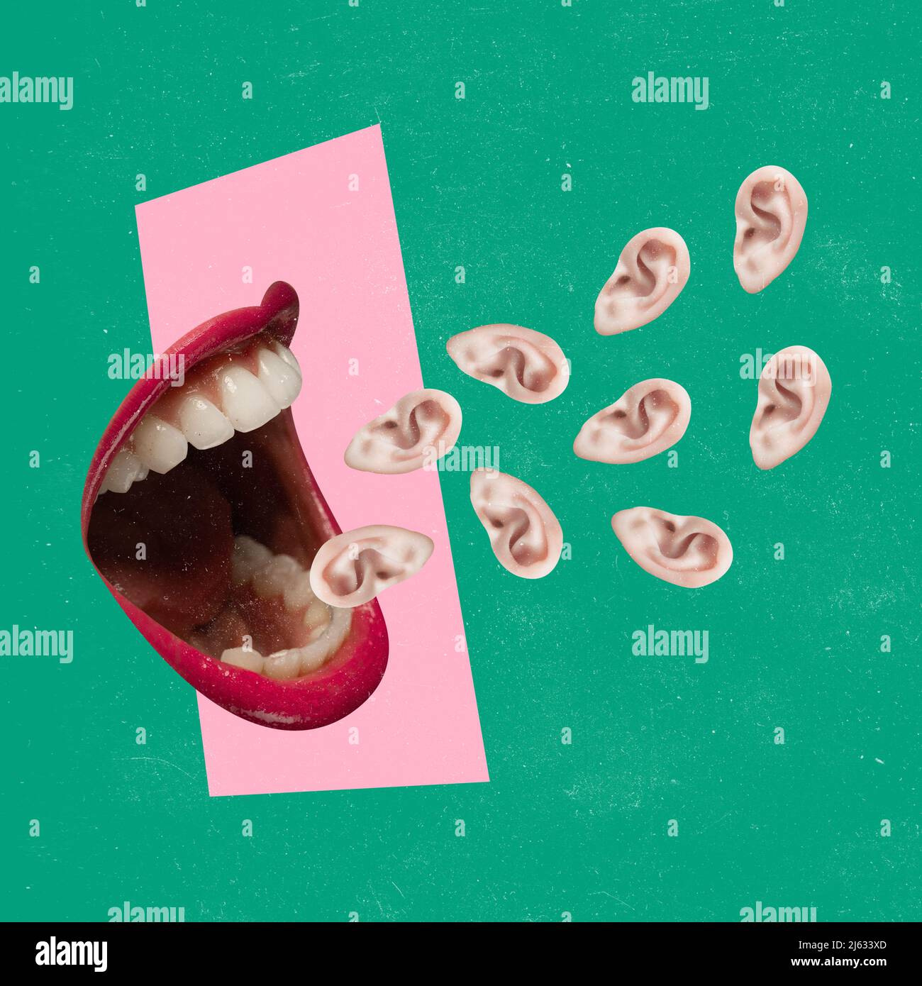 Contemporary art collage. Giant female mouth surrounded by many ears ...