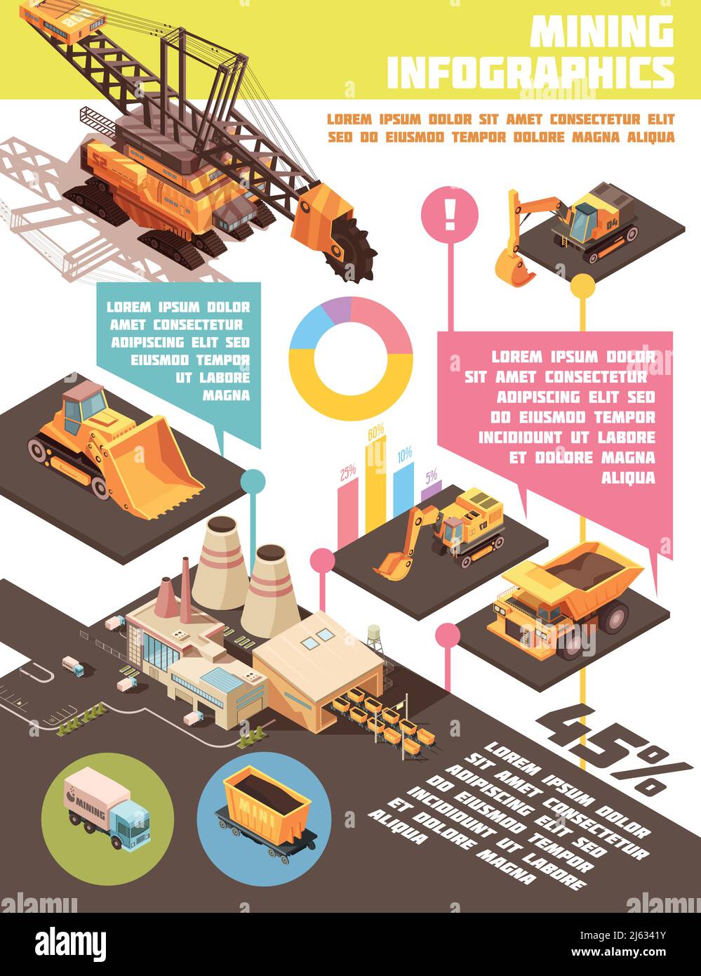 Infographic mining poster with composition of isometric images graphs ...