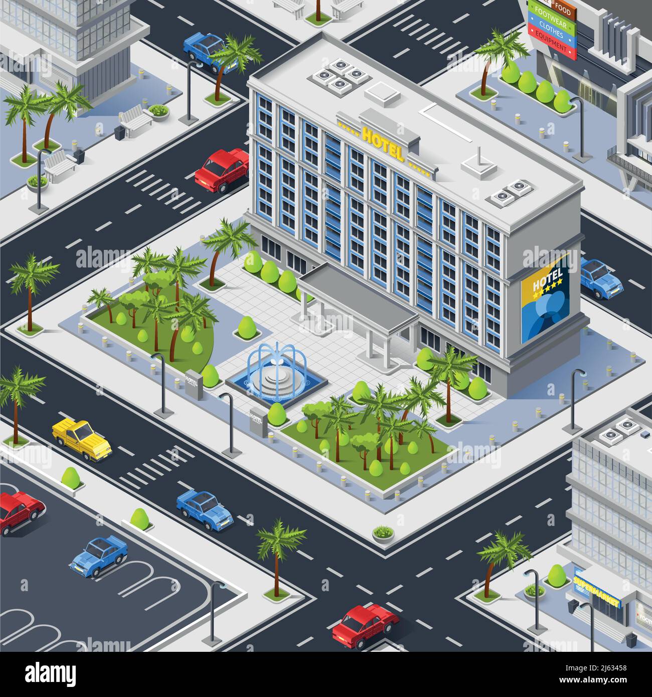 Fragment of city top view with streets luxury hotel building and car ...