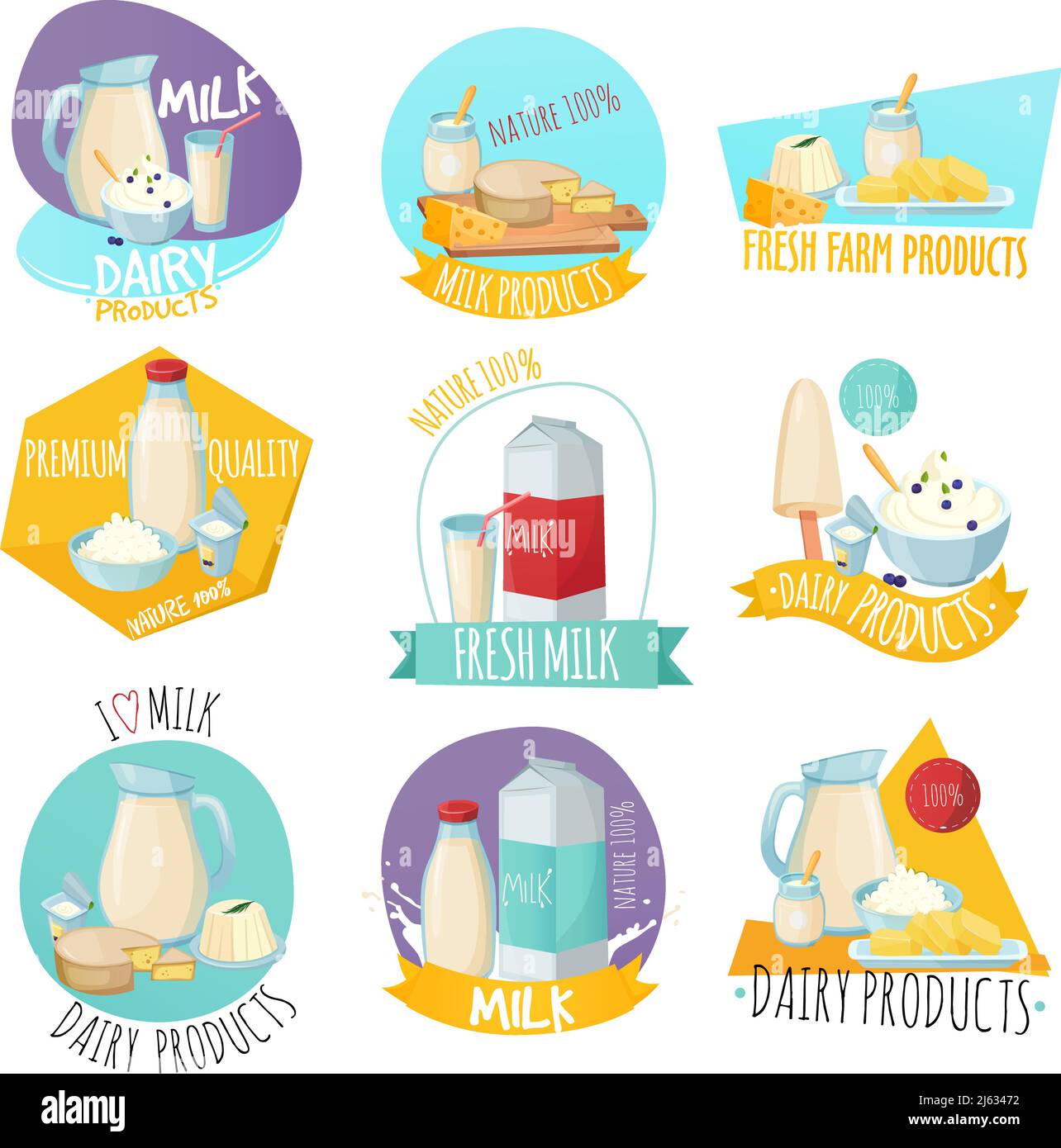 Set of logos with dairy products including milk curd butter cheese and ...