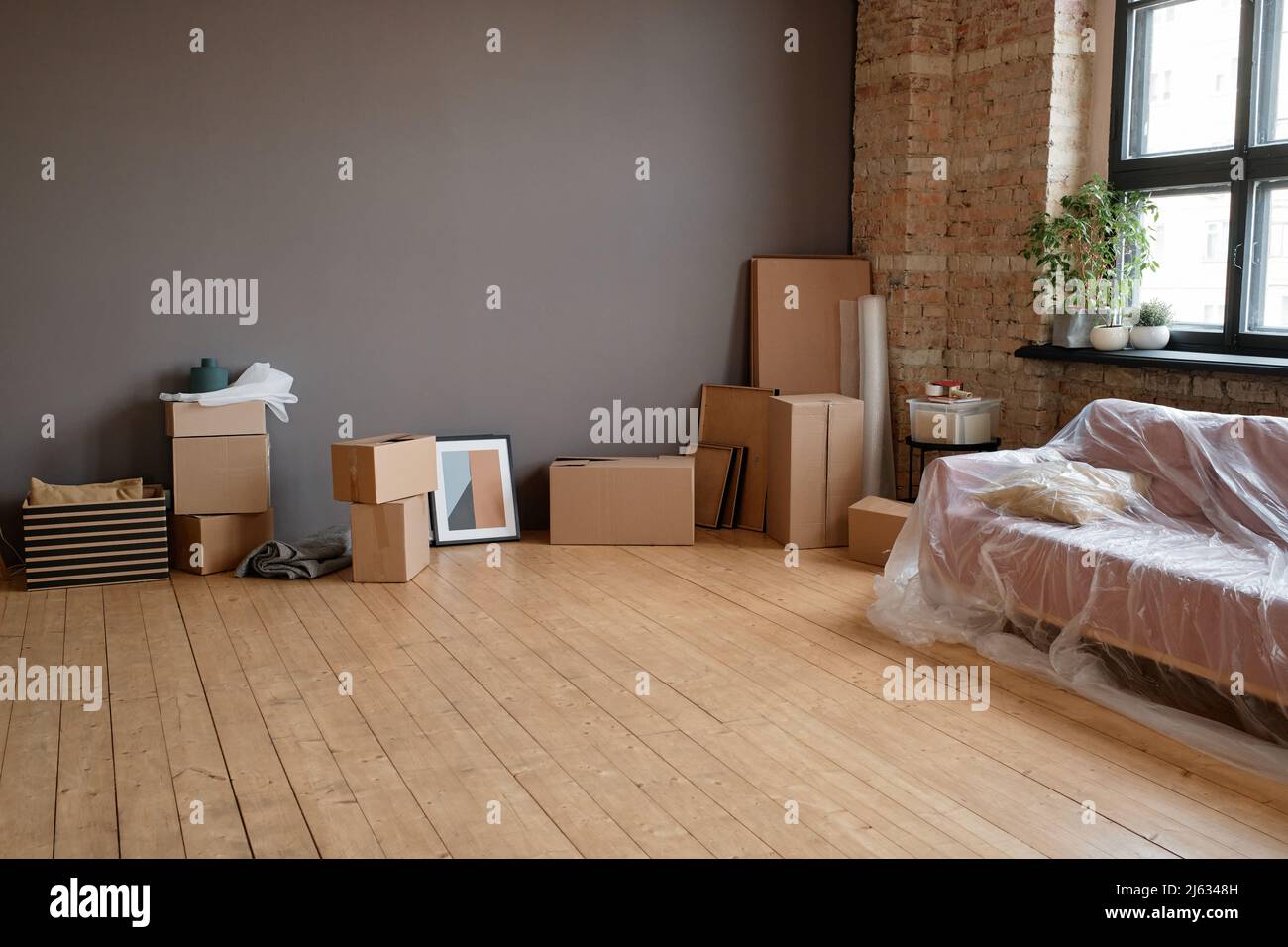 Horizontal no people shot of modern loft living room in spacious ...