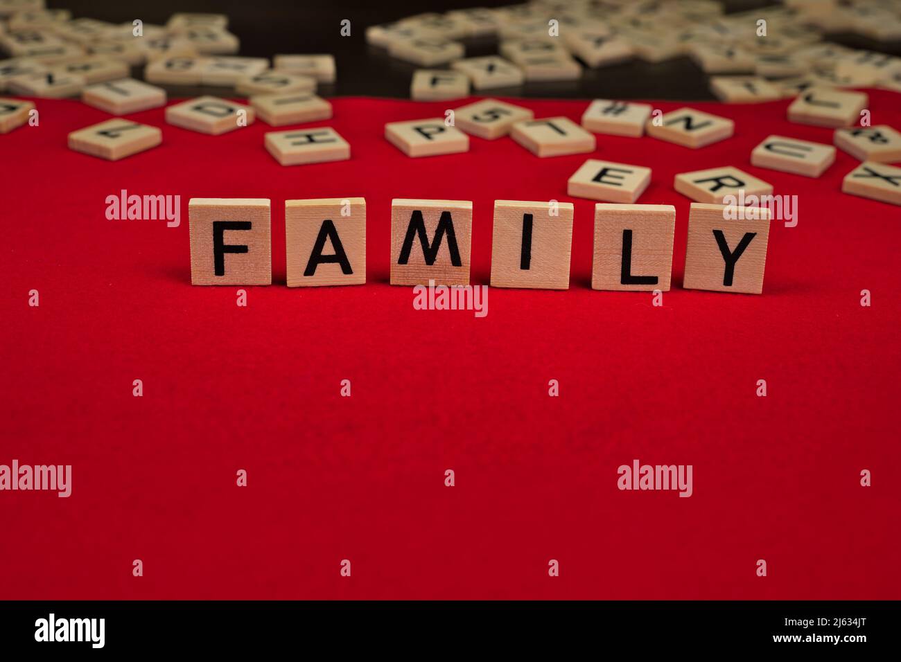 Word "Family" composed of wooden plates with letters on a red felt ...
