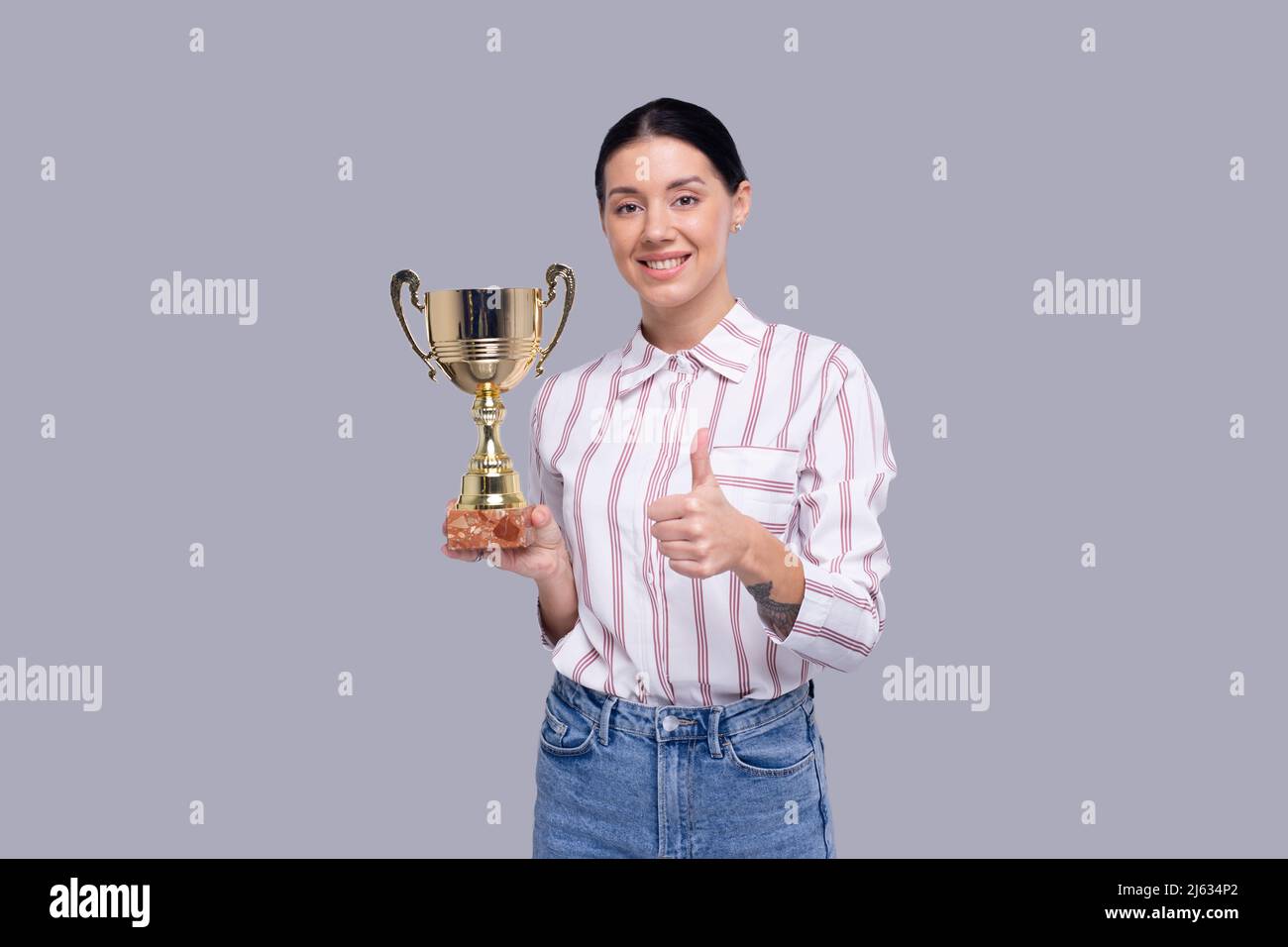 Girl Holding Trophy Showing Thumb Up Isolated. Girl Goals. Winner. Girl ...