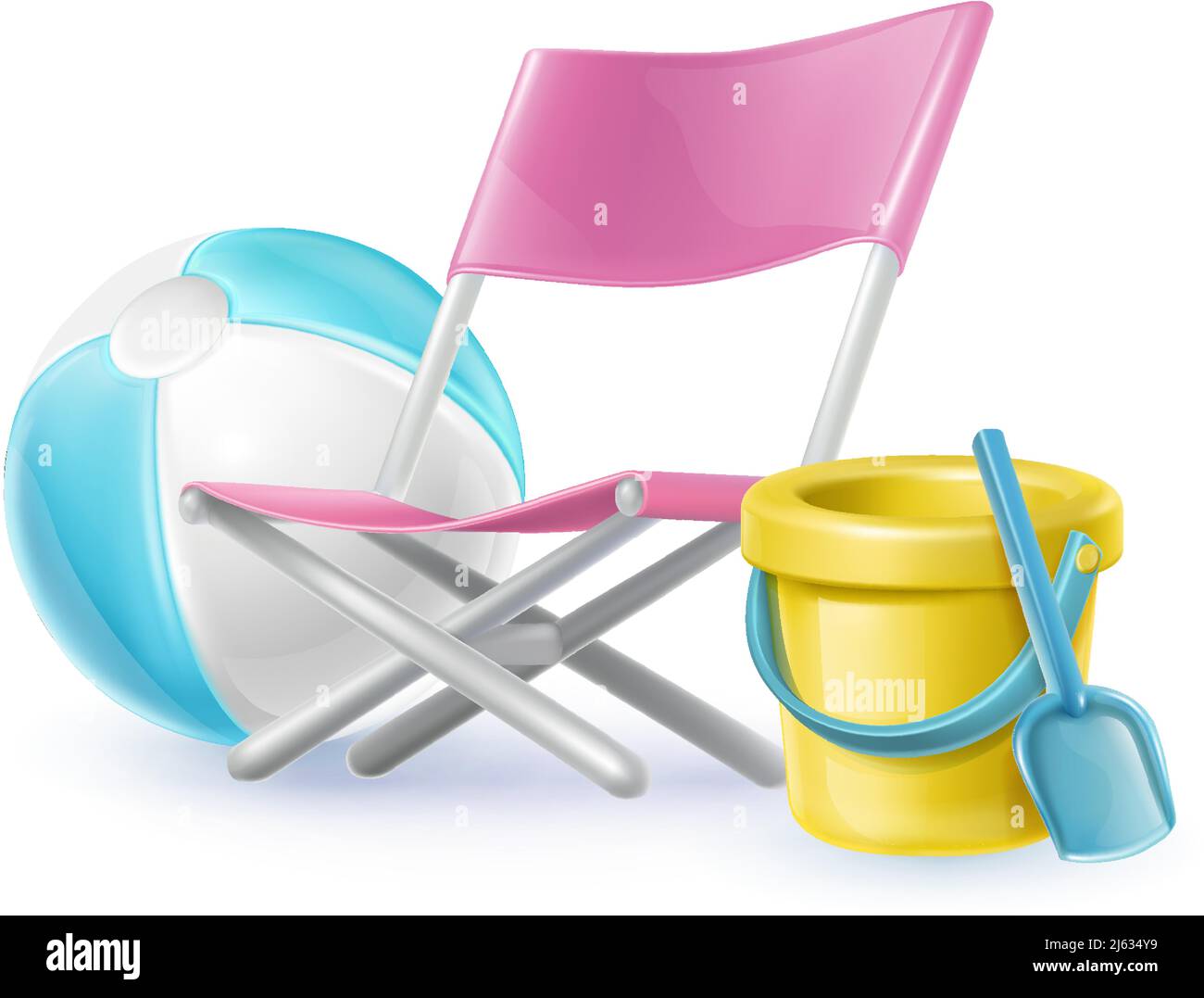 realistic vector icons. Summer set of chair, sand yellow plastic bucket ...
