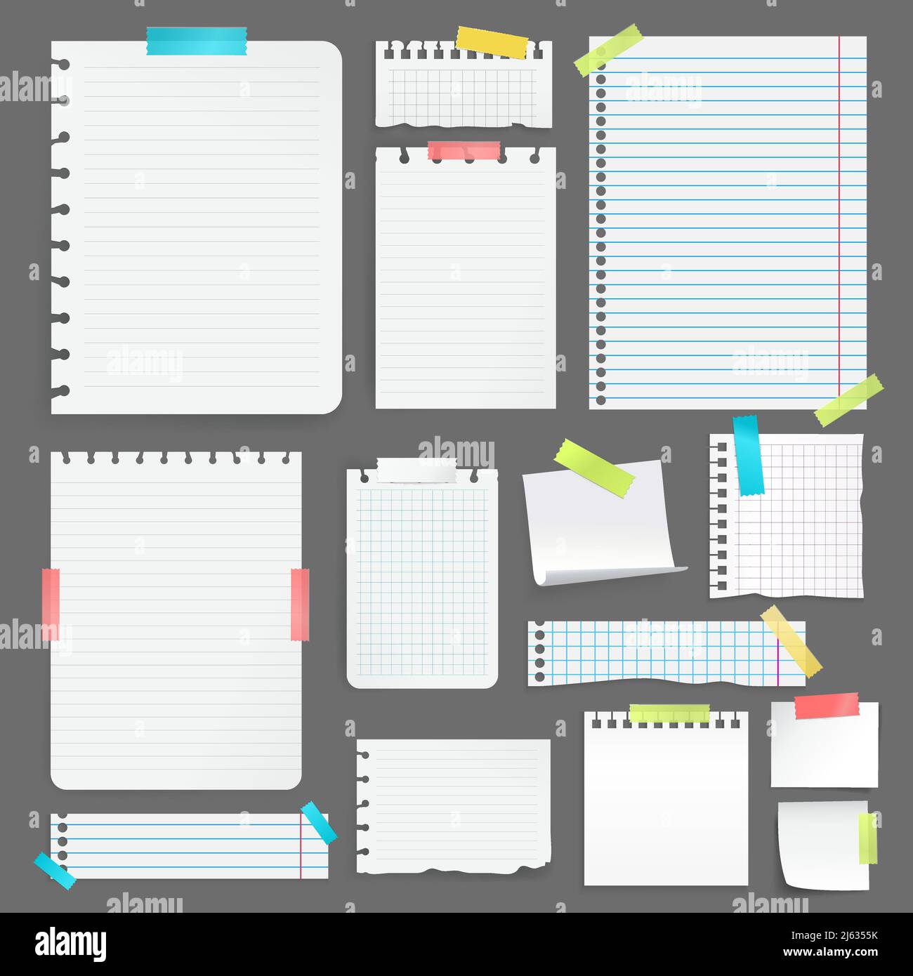 Realistic blank paper sheets on different size and shape stuck with ...