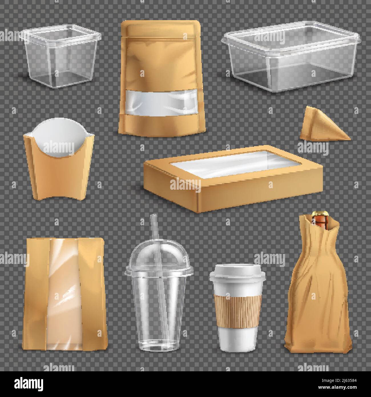 Fastfood packages realistic set with cup paper bags and containers dark ...
