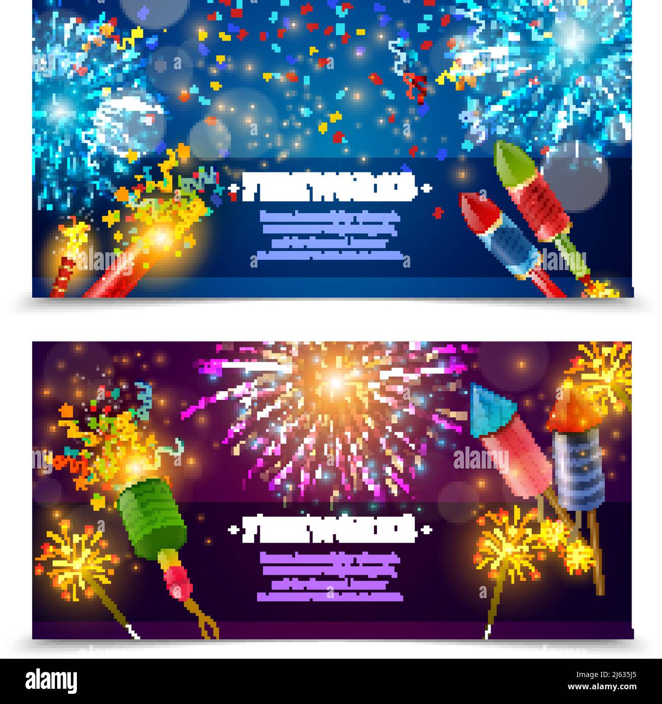 Two festive firework horizontal banners set with text firecrackers ...