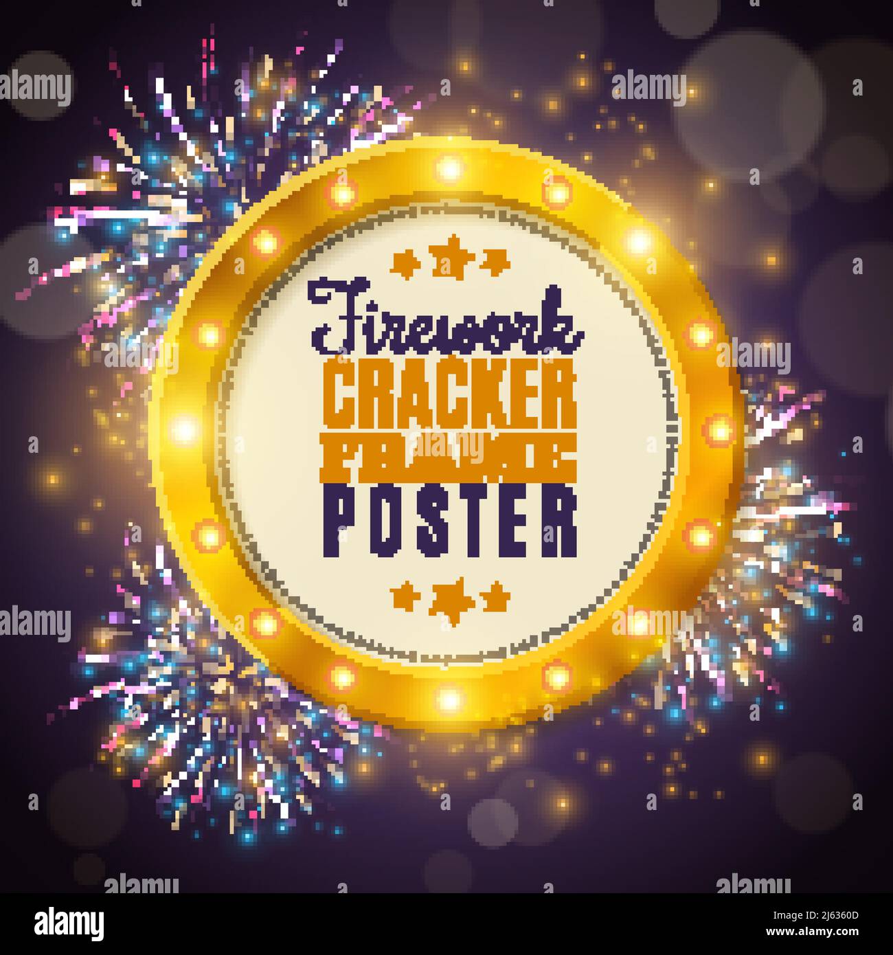 Shimmering golden round frame in festive firework crackers lights on ...