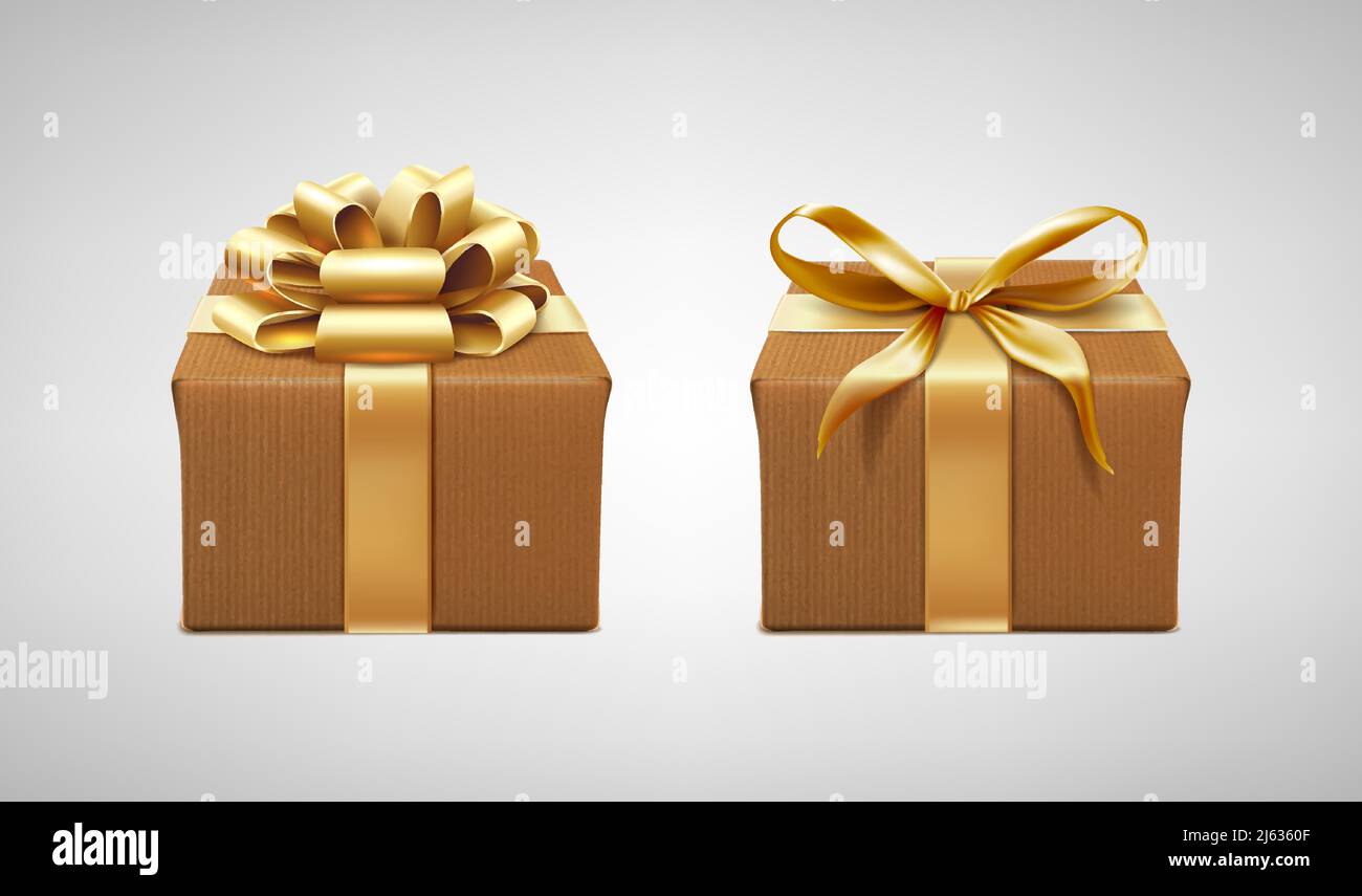 realistic vector icon set. Carton present boxes with golden ribbons ...