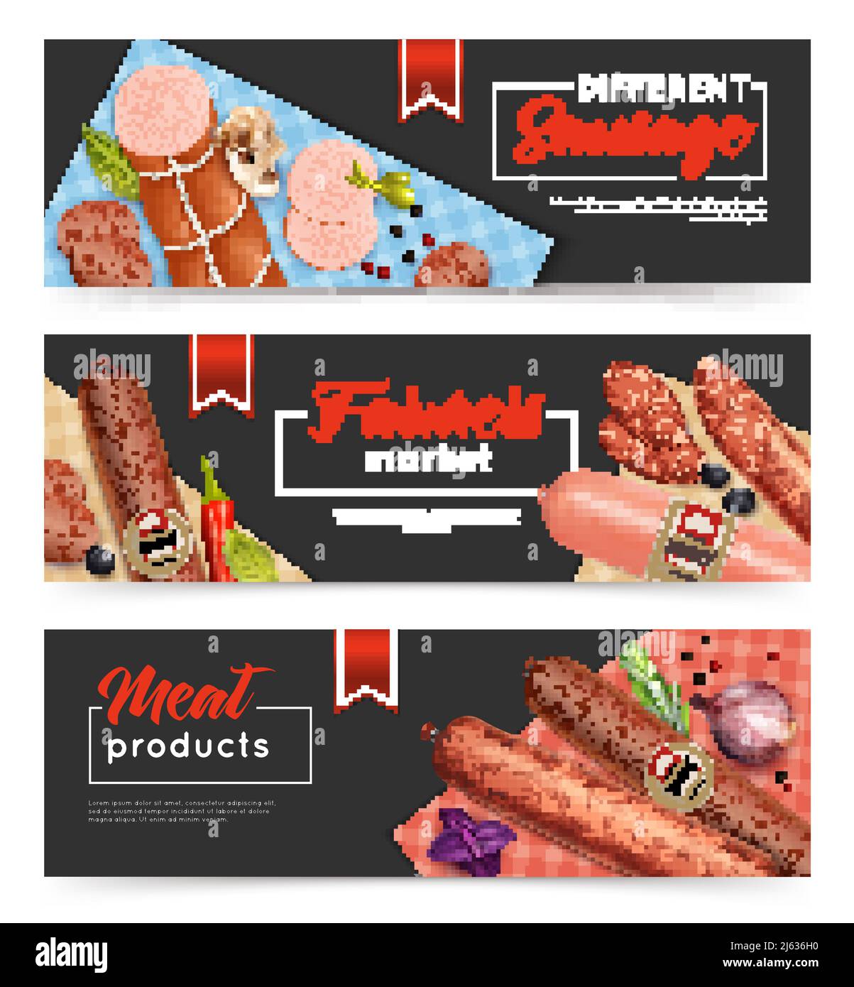 Realistic sausage horizontal banners set with shopping symbols isolated ...