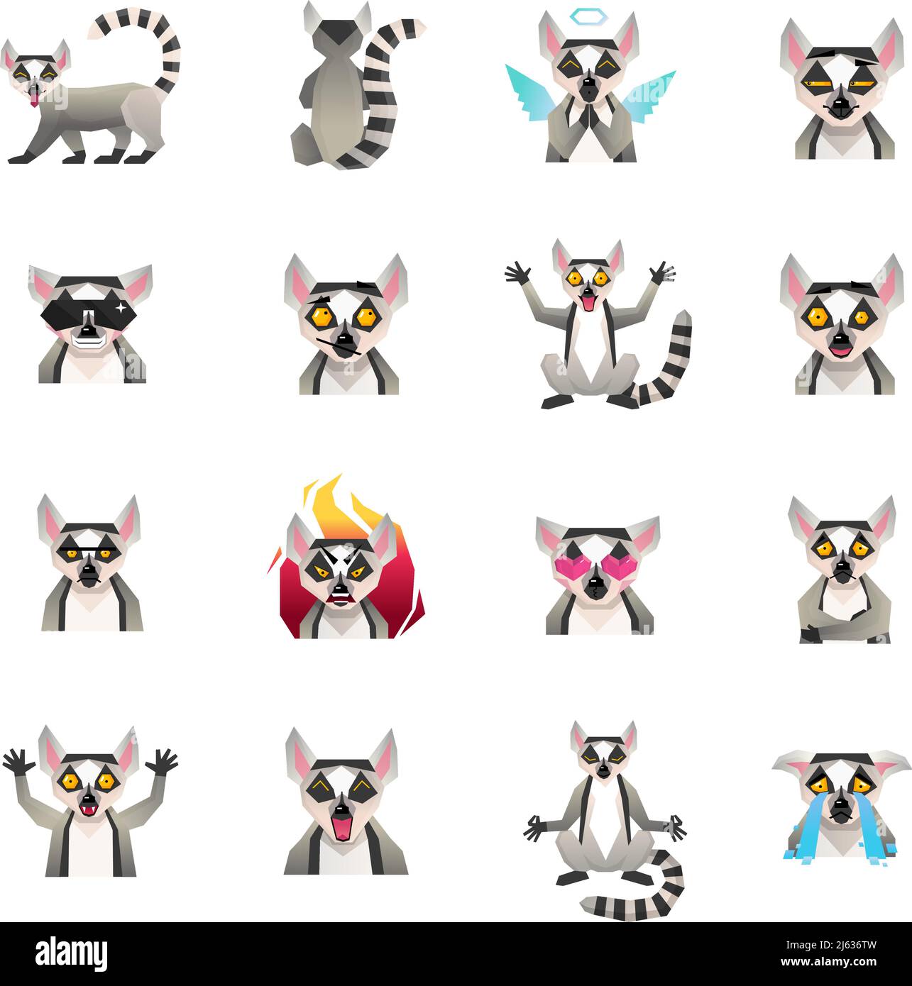 Lemur polygonal big set of sixteen isolated macaco funny cartoon ...