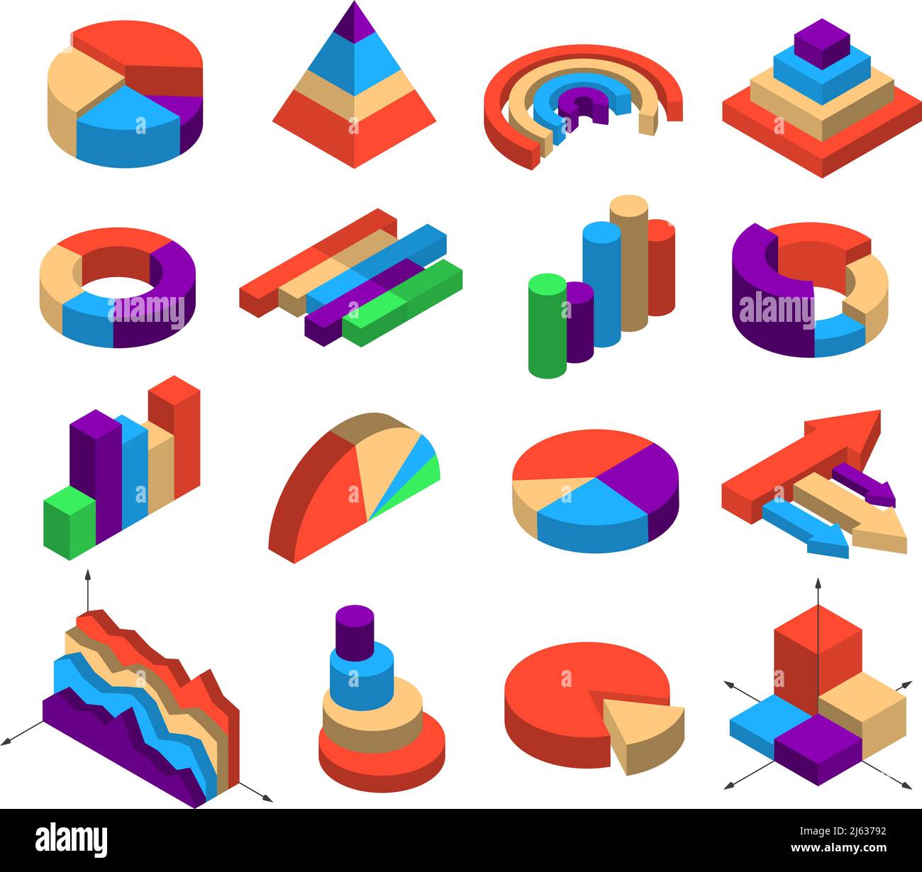 Set of sixteen isometric diagram elements for infographics layout in ...