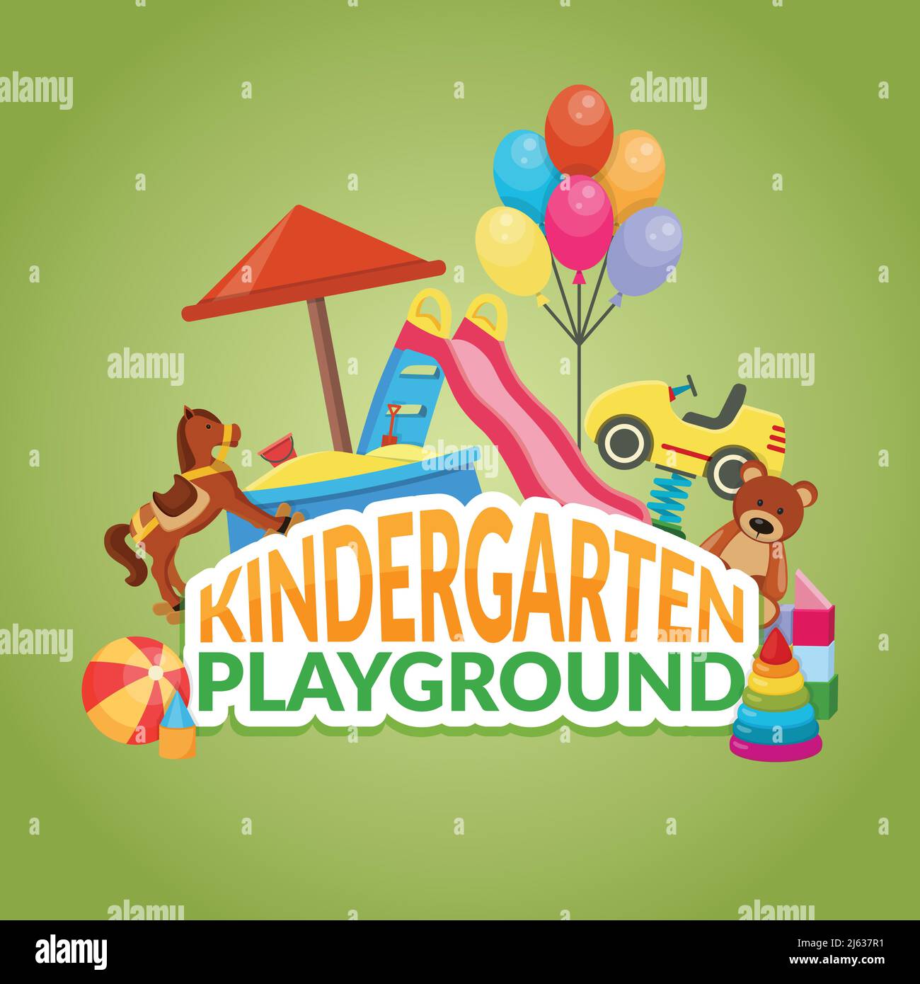 Playground elements of kindergarten flat composition with colorful toys ...