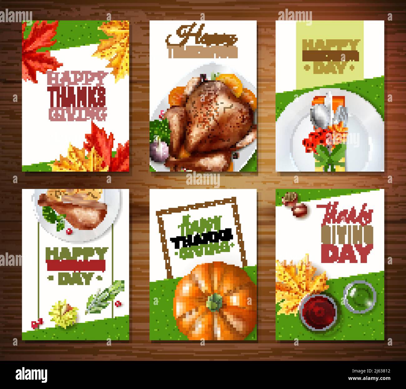 Six colored and realistic turkey thanksgiving day banner set with happy ...