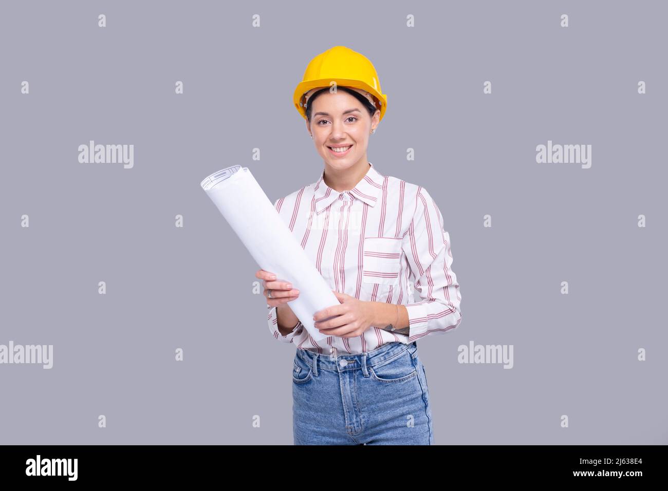 Girl Construction Worker Holding House Plan in Hands Watching in Camera ...