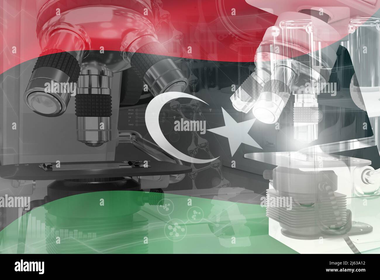 Libya science development conceptual background - microscope on flag ...