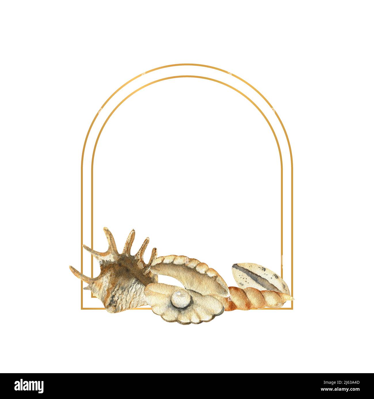 Hand-drawn Gold frame with shells, beach illustration. Watercolor ...