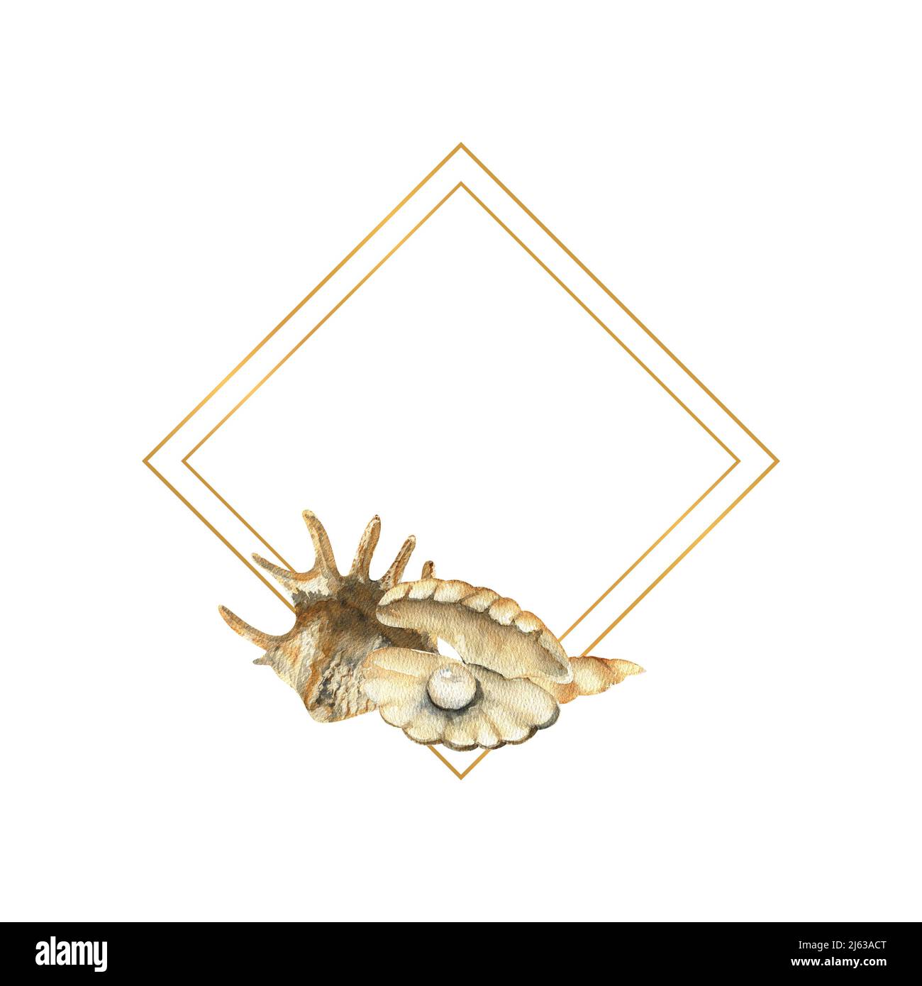 Hand-drawn Gold frame with shells, beach illustration. Watercolor ...
