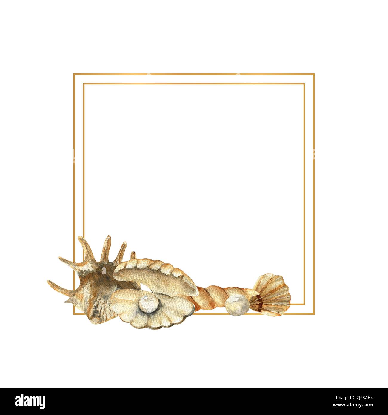 Hand-drawn Gold frame with shells, beach illustration. Watercolor ...