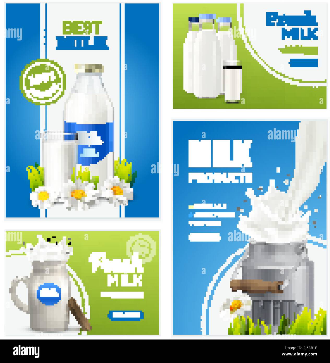 Milk product vertical banners set with branded milk bottles cream can ...
