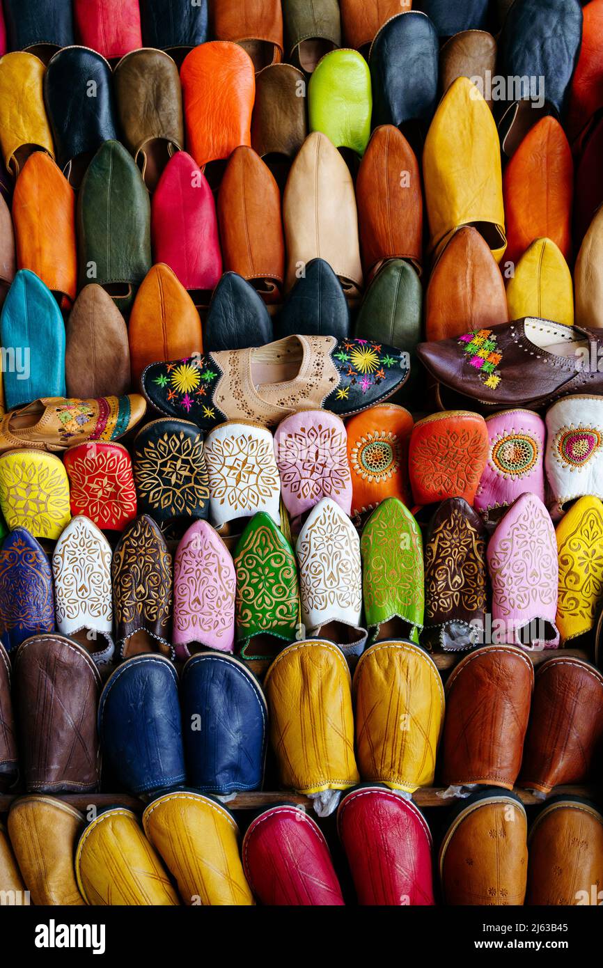 Colorful slippers on street market in Medina District in Marrakech ...