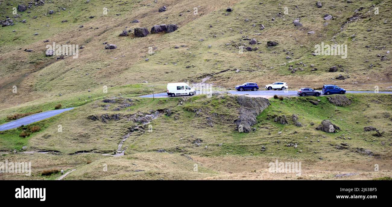 Cars parked near the top of Wrynose Pass, Lake District, Cumbria ...