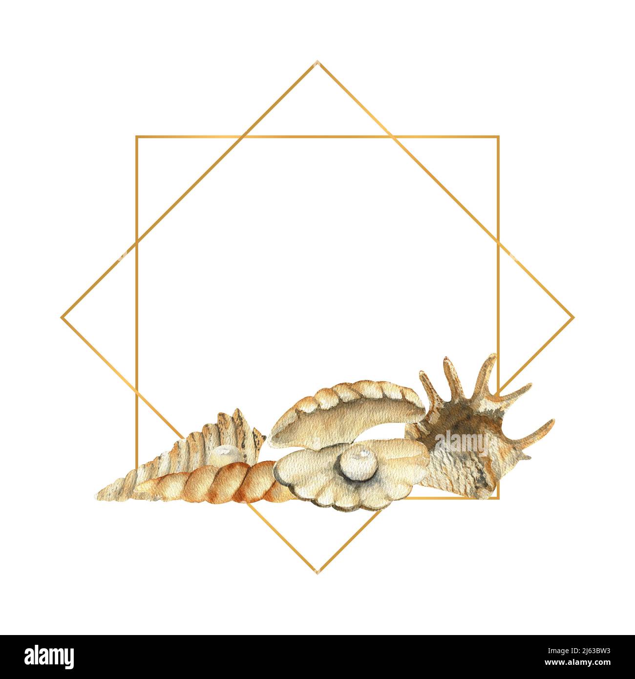 Hand-drawn Gold frame with shells, beach illustration. Watercolor ...
