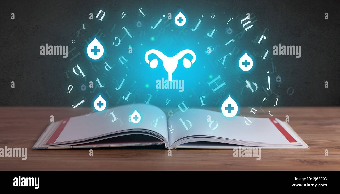 Open medical book with health icons above Stock Photo - Alamy