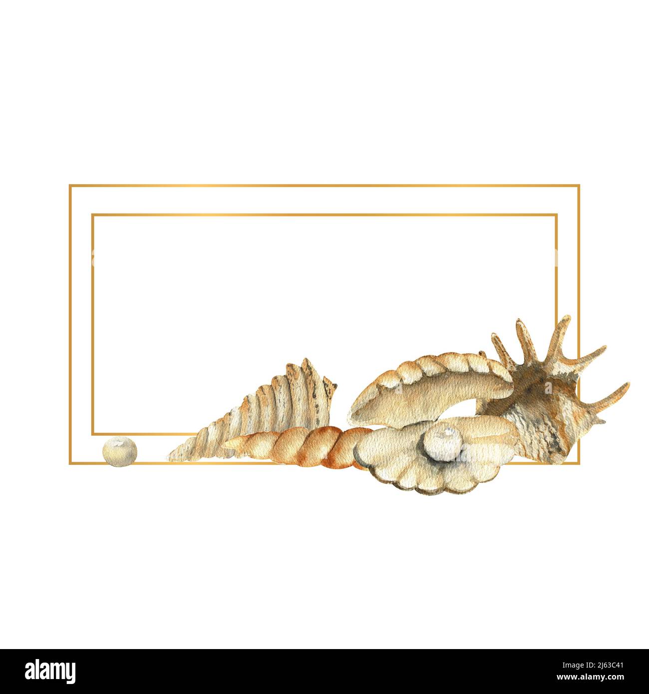 Hand-drawn Gold frame with shells, beach illustration. Watercolor ...