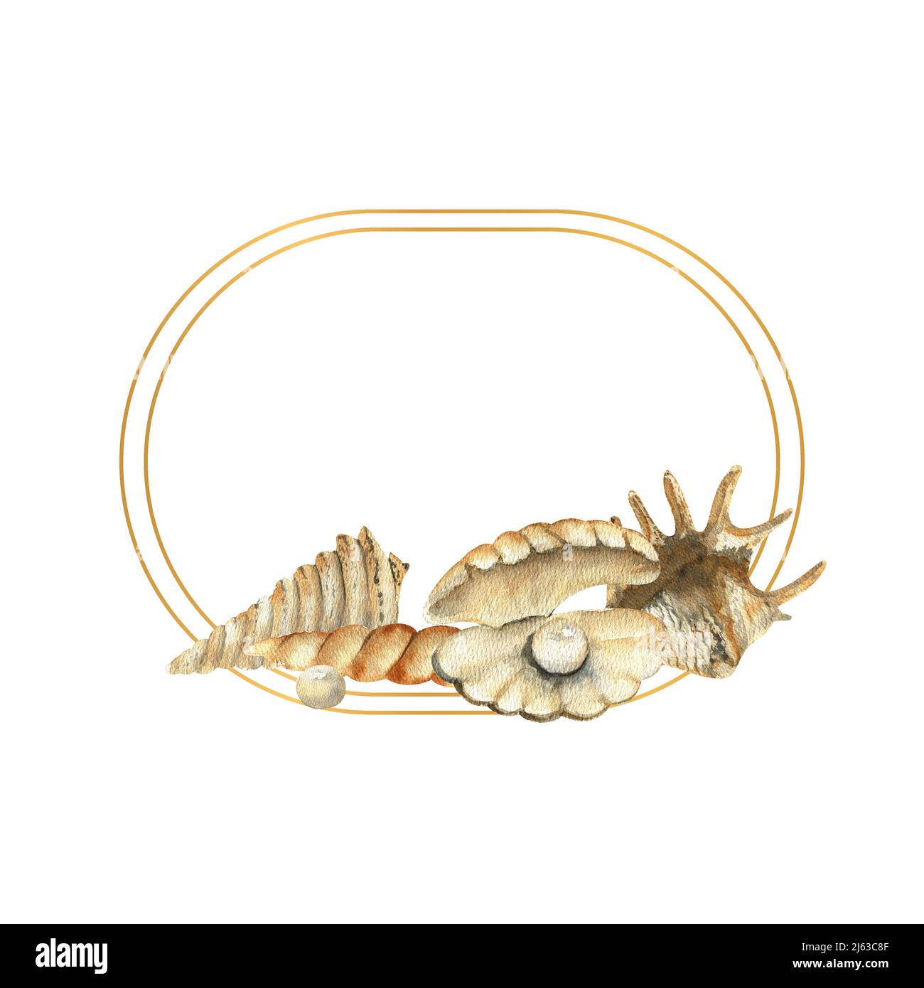 Hand-drawn Gold frame with shells, beach illustration. Watercolor ...