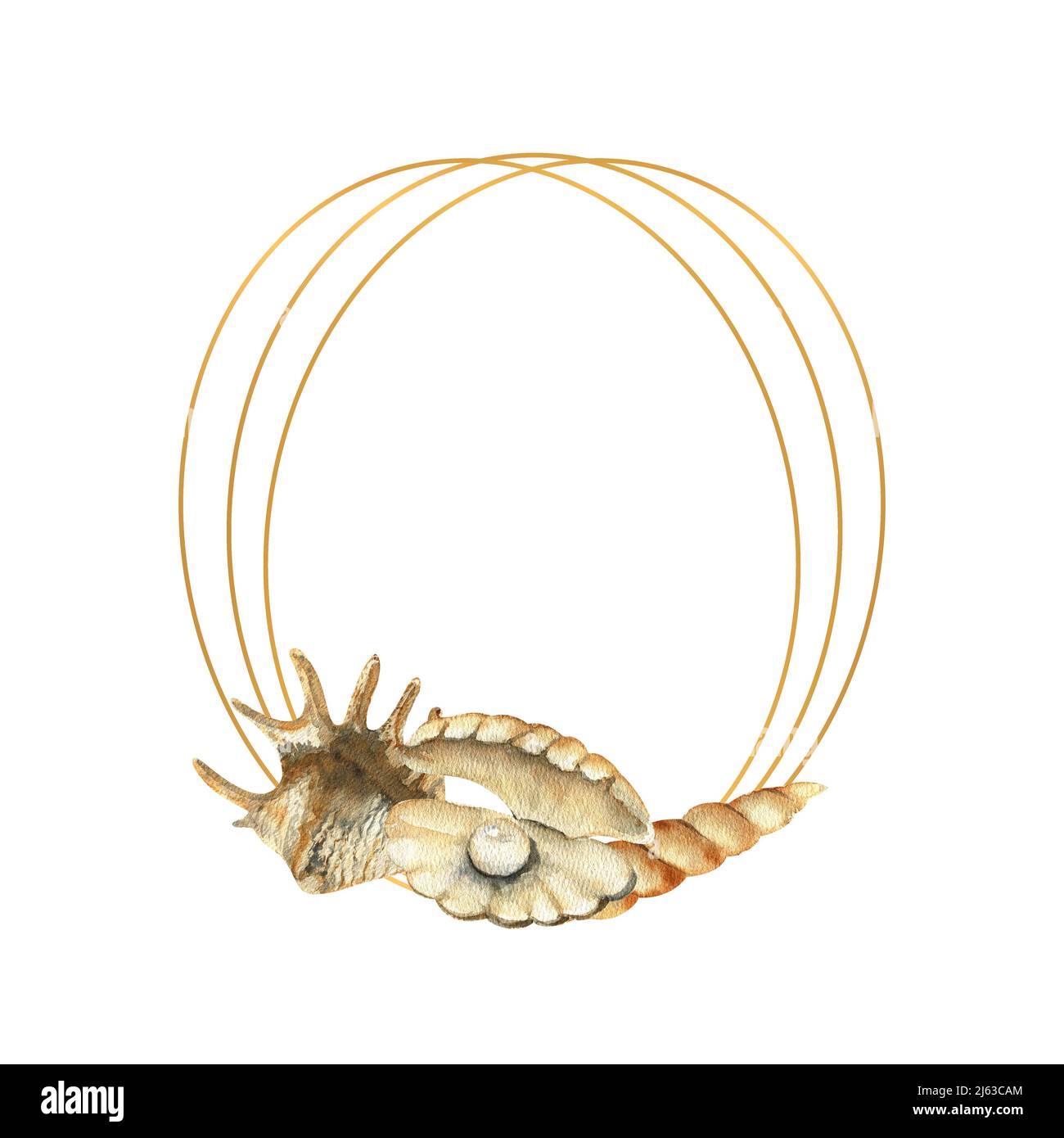 Hand-drawn Gold frame with shells, beach illustration. Watercolor ...