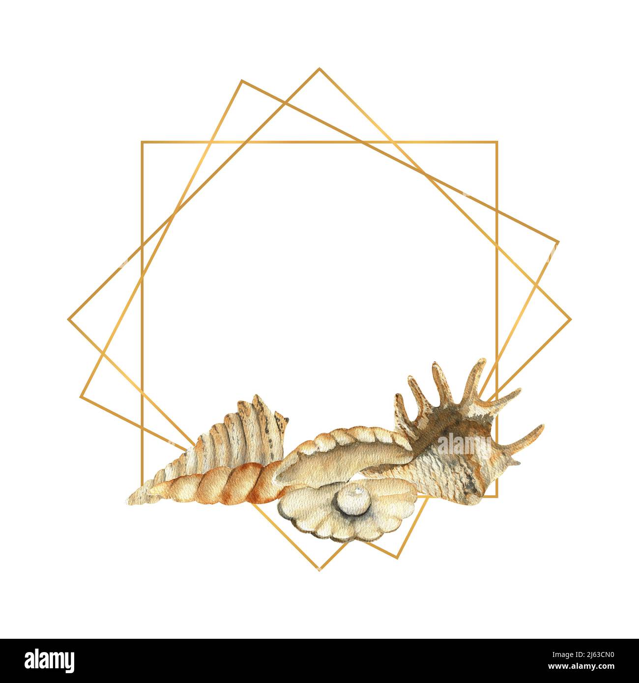 Hand-drawn Gold frame with shells, beach illustration. Watercolor ...