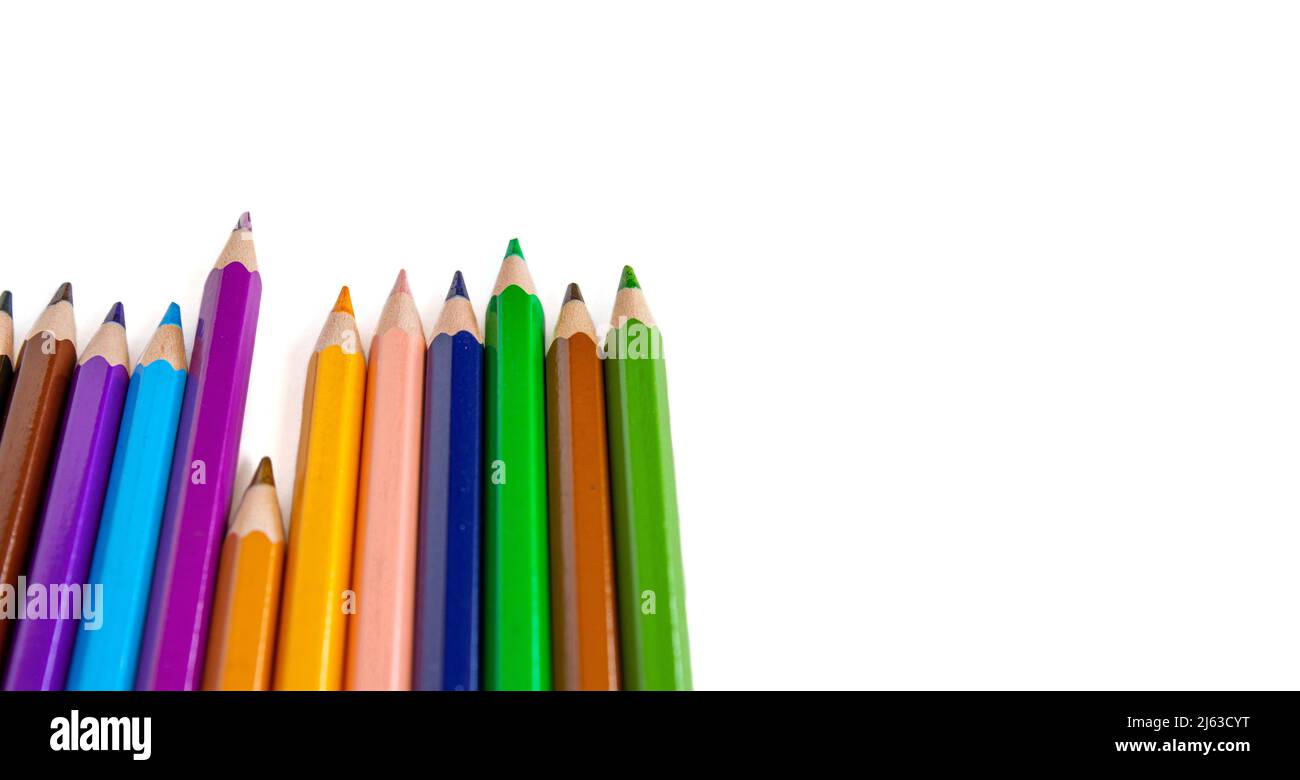 Colorful crayons isolated on white background. Top view Stock Photo - Alamy
