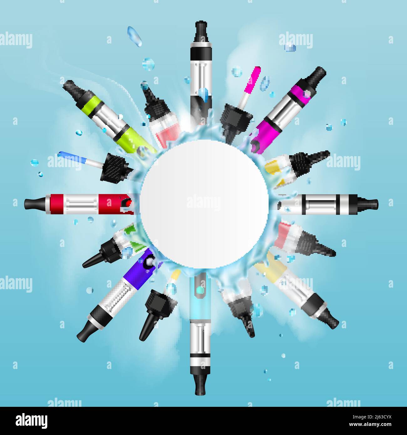 Colored realistic vaping frame background with big white circle at the ...