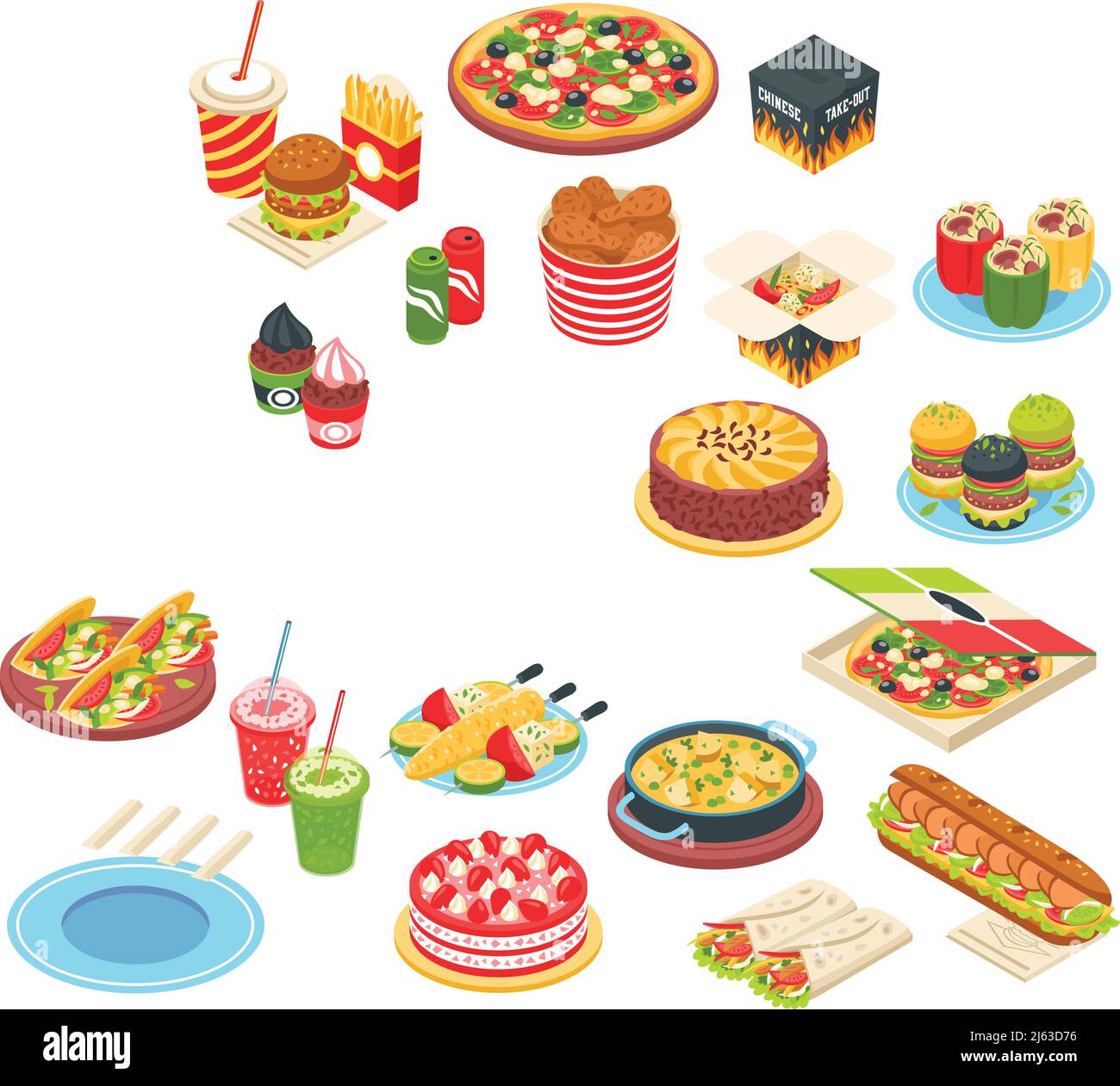 Fast food isometric icons set with pizza grilled potato hamburger hot ...