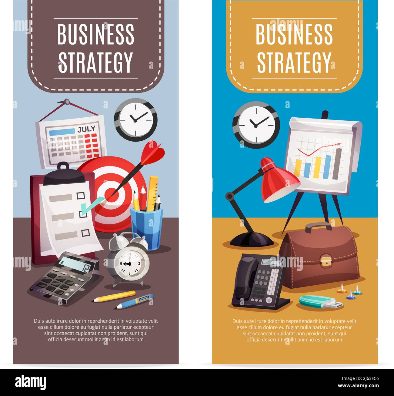 Business strategy 2 vertical colorful banners set with office workplace ...
