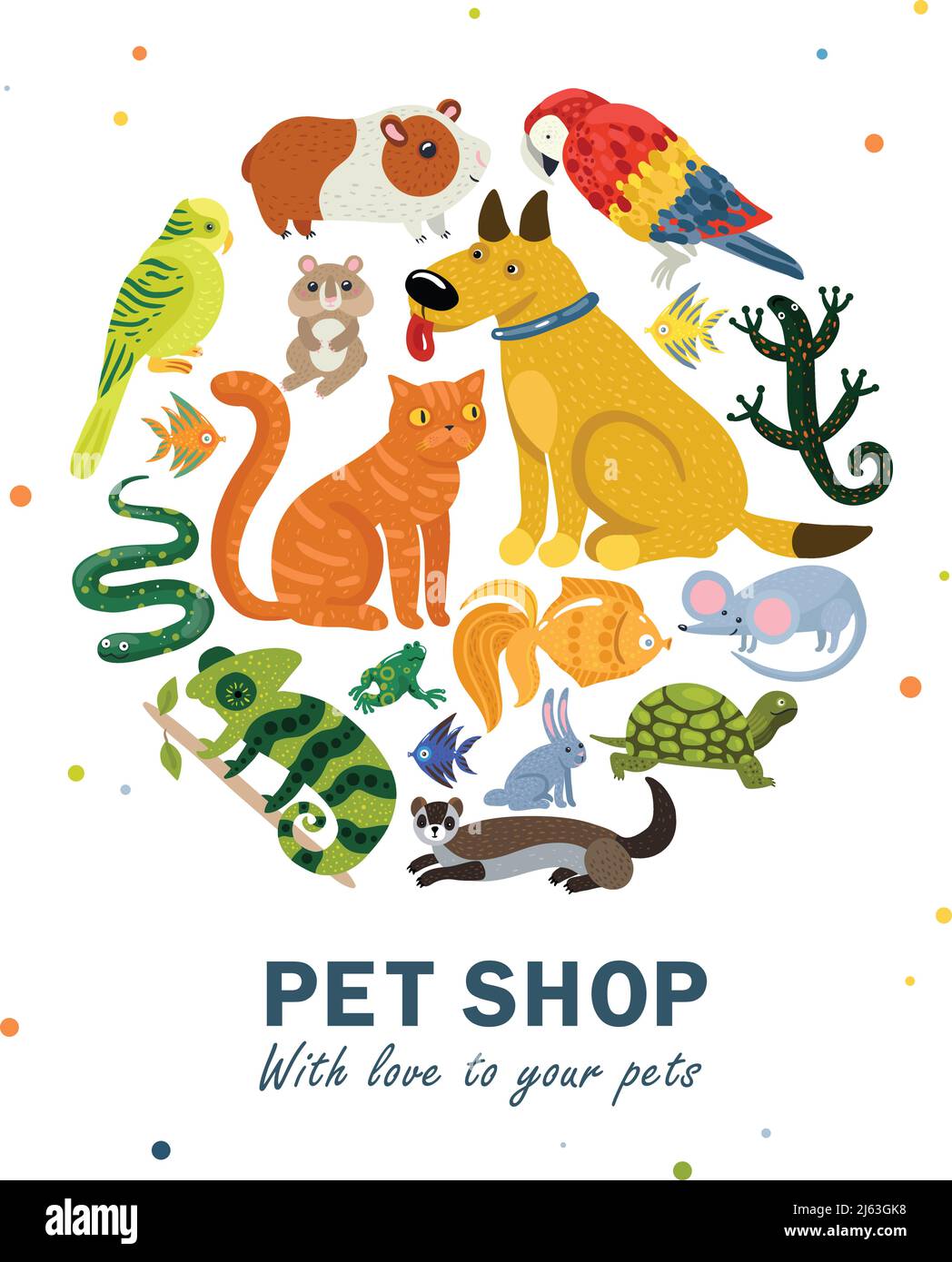 Pet shop round composition with various animals on white background ...