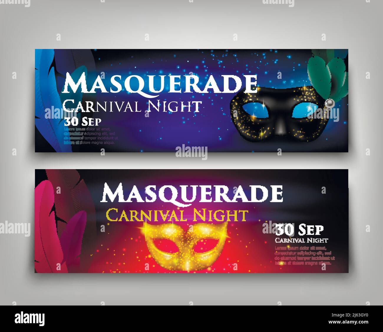Masquerade invitation party horizontal banners set with sparkling ...