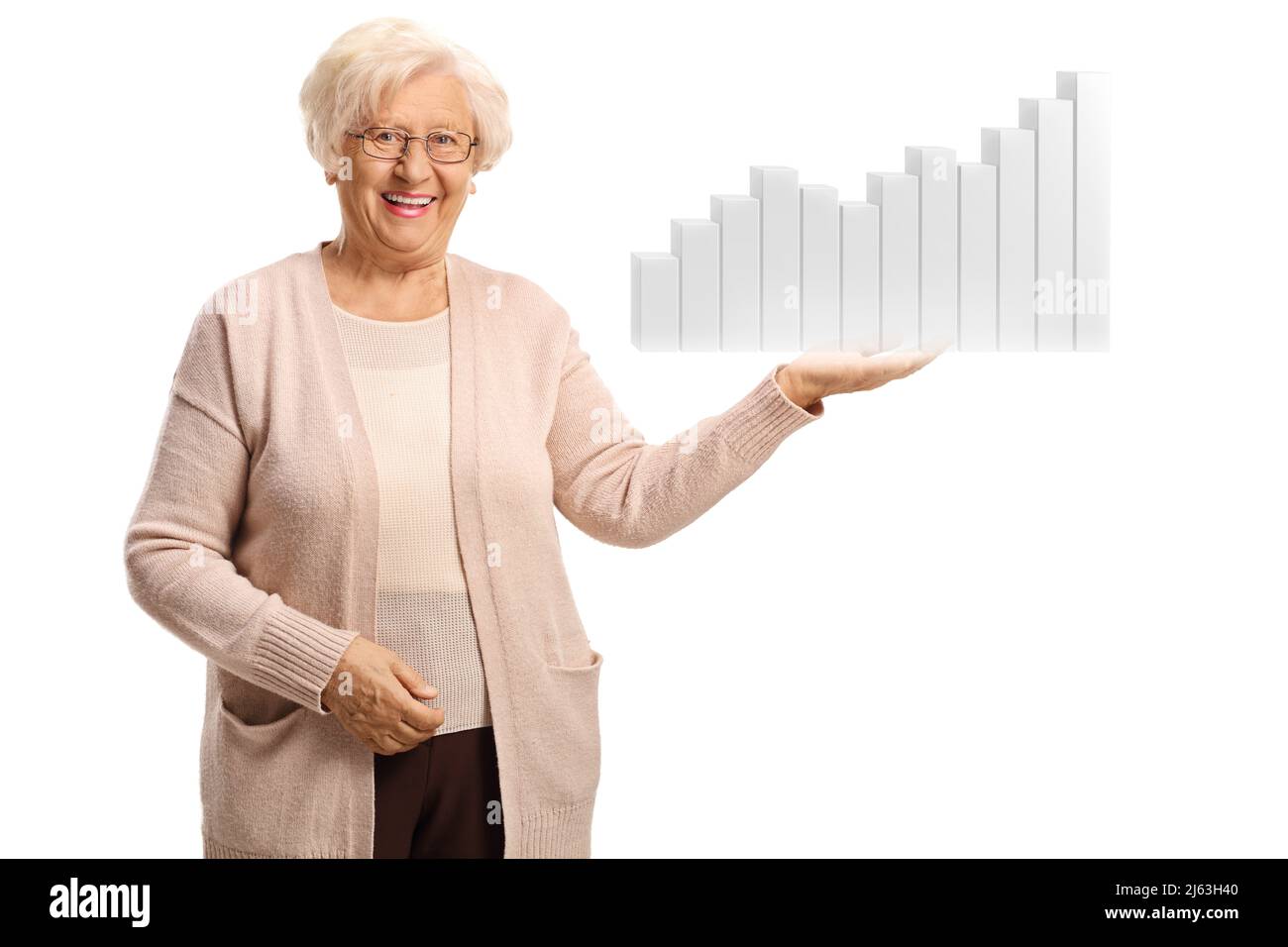 Elderly woman holding a bar chart diagram on one hand isolated on hite ...