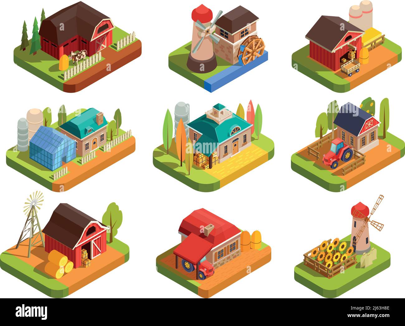 Colorful farm isometric set with various farmhouses yards and equipment ...