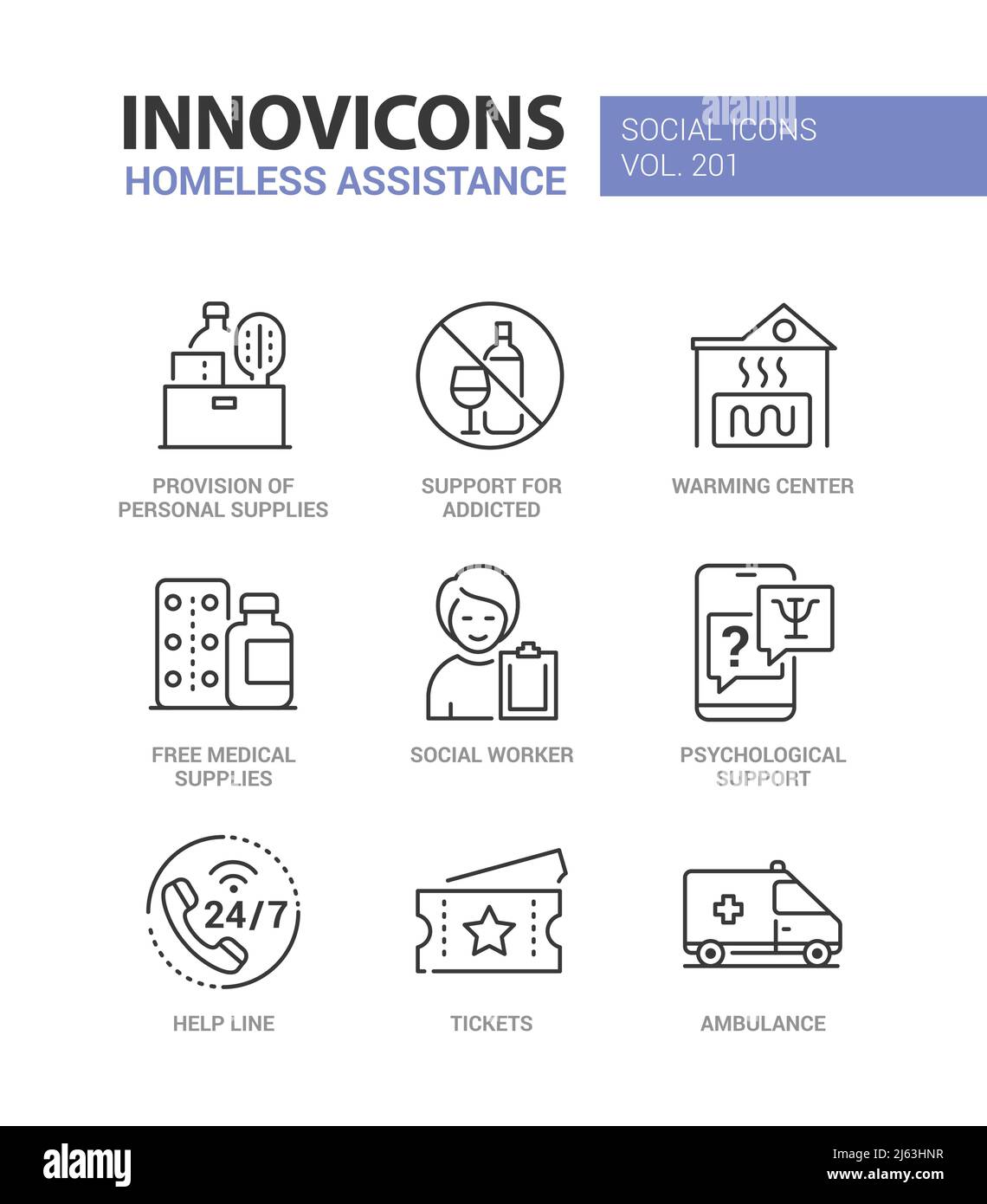 Homeless assistance and care - line design style icons set Stock Vector ...